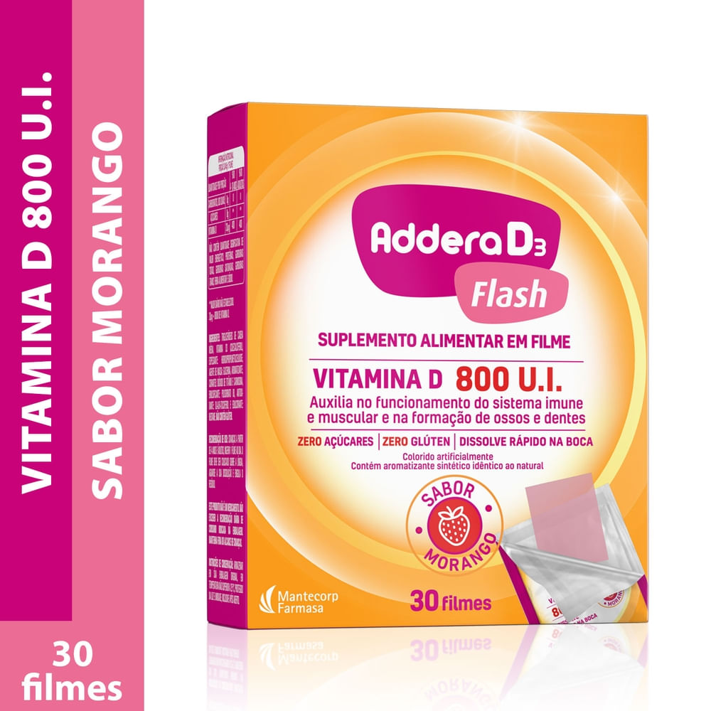 Vitamina D Addera D3 Flash 800ui 30 Filme Morango - drogariacatarinense