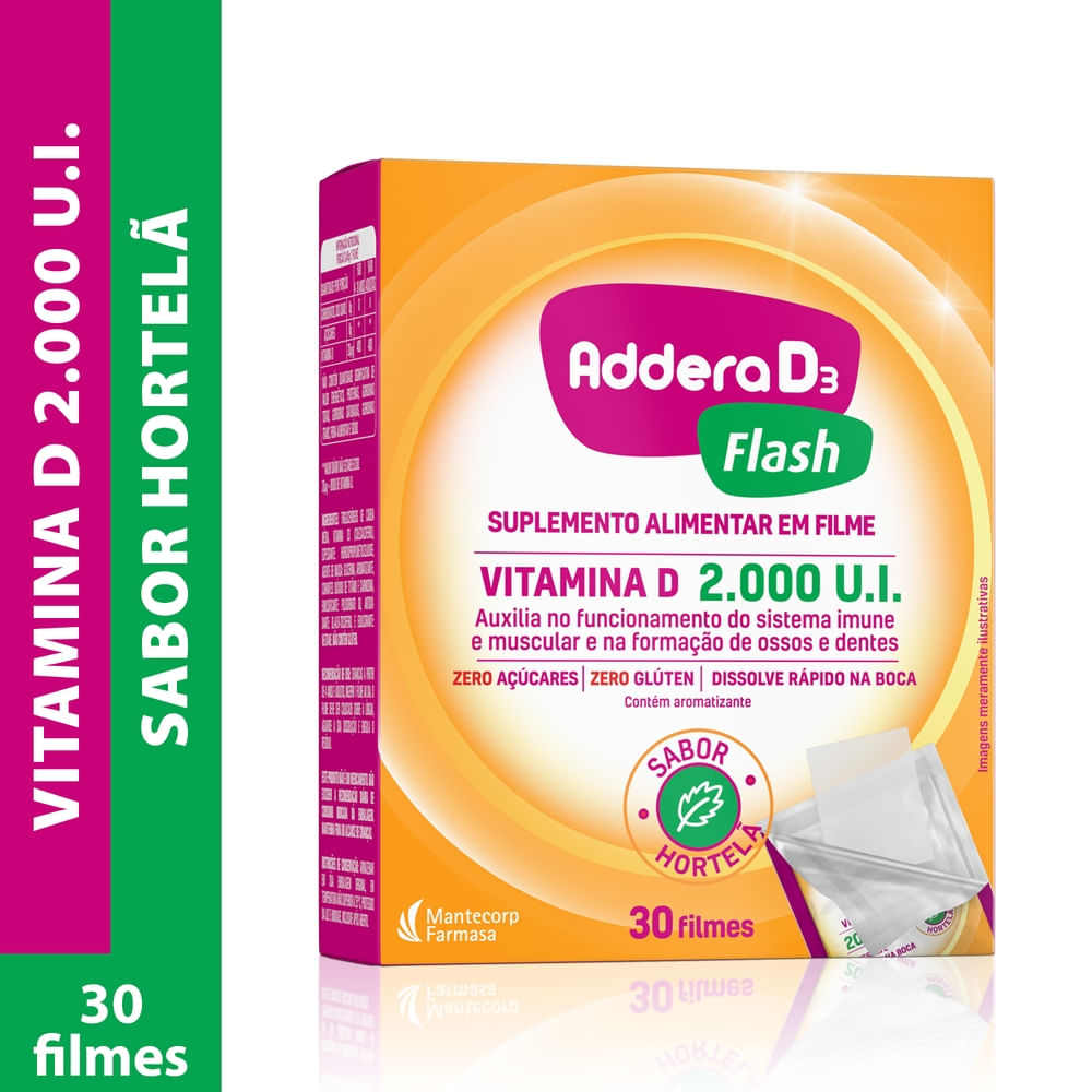 Vitamina D Addera D3 Flash 2000ui 30 Filme Hortela - drogariacatarinense