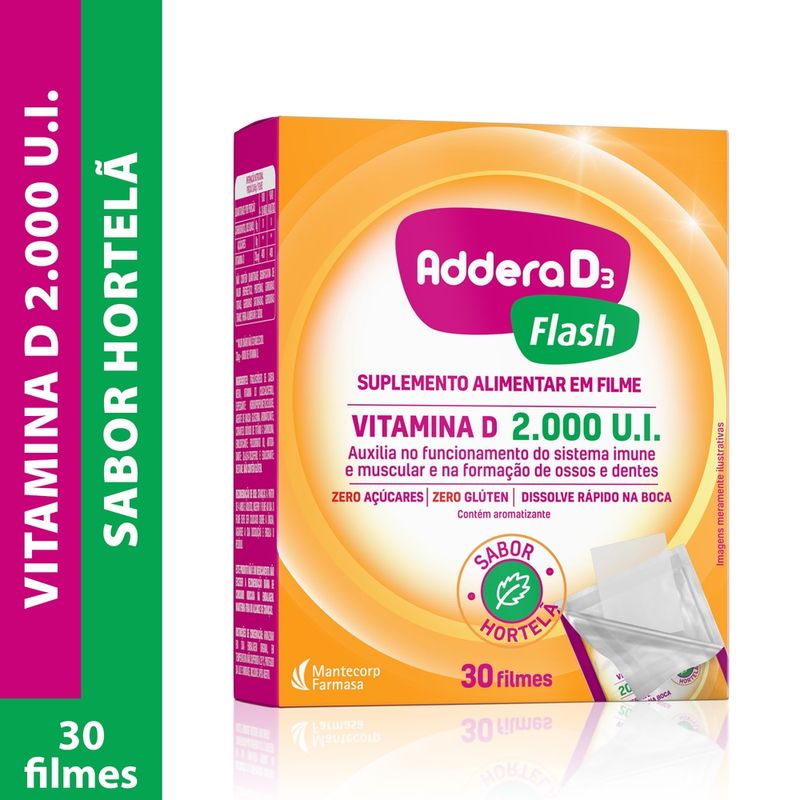 Vitamina D Addera D3 Flash 2000ui 30 Filme Hortela - drogariacatarinense